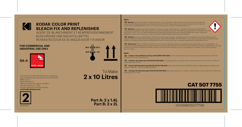 KODAK Color Print Bleach Fix and Replenisher, To Make 2 x 10L (20 ...